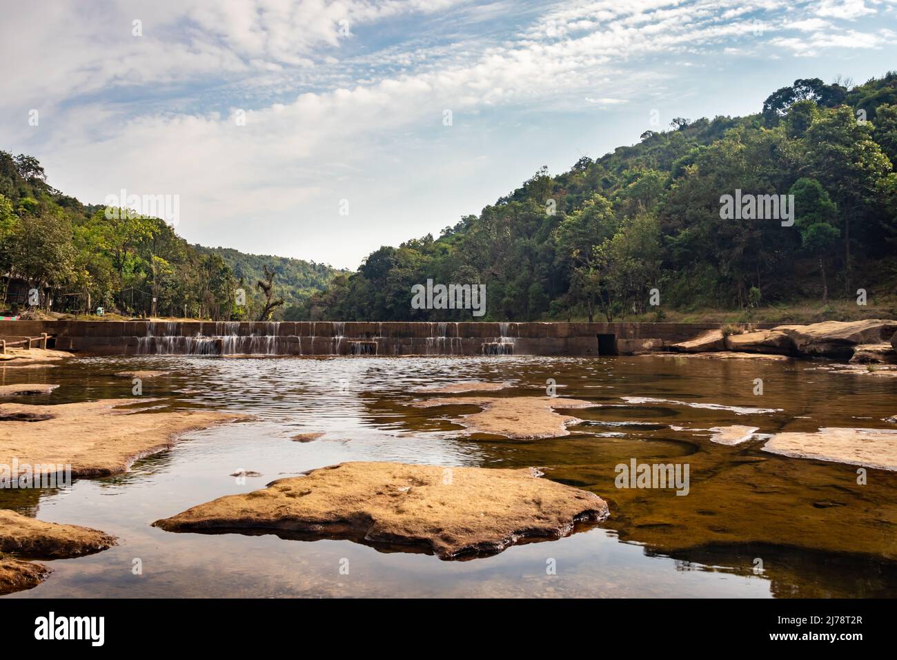 river bed with green forest and water flowing from mountain and bright ...