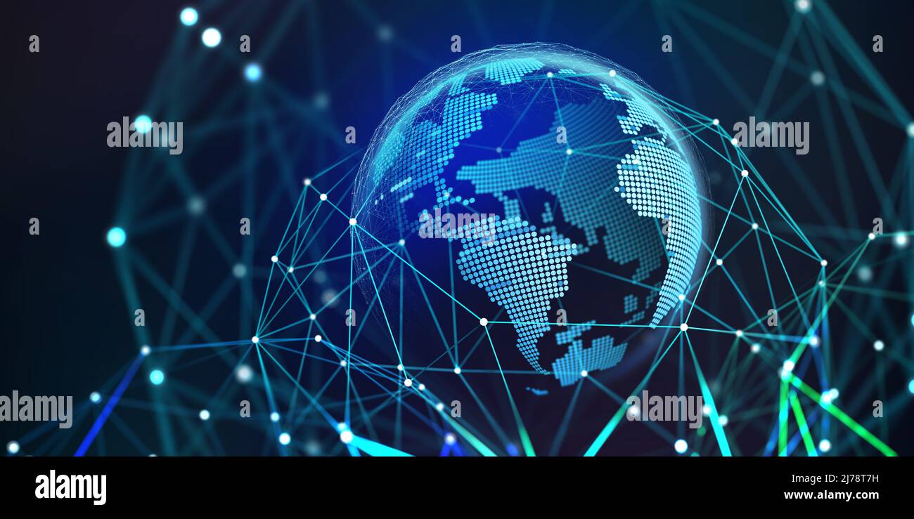 Holographic globe in a polygonal mesh 3D illustration. Business ...