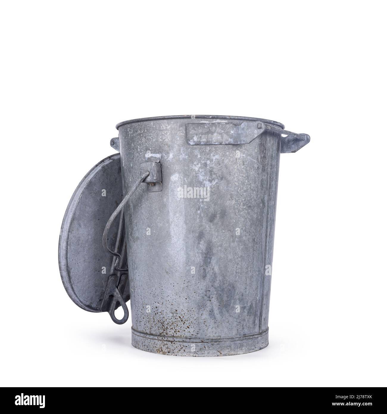 Old fashioned metal trash can. Empty with lit open. isolated on a white ...
