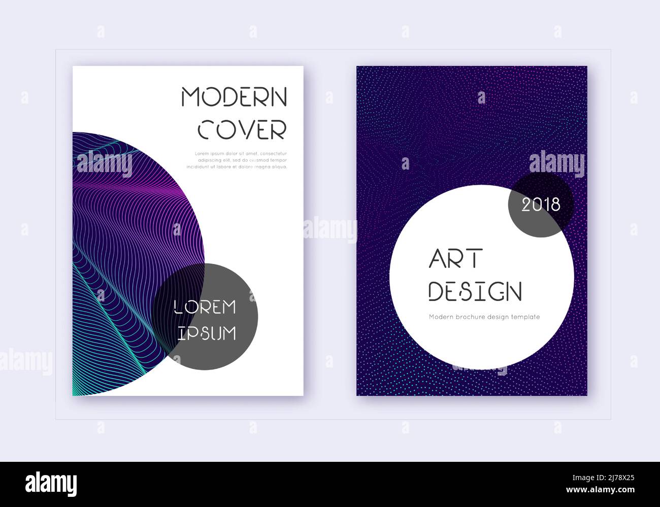 Trendy cover design template set. Neon abstract lines on dark blue ...