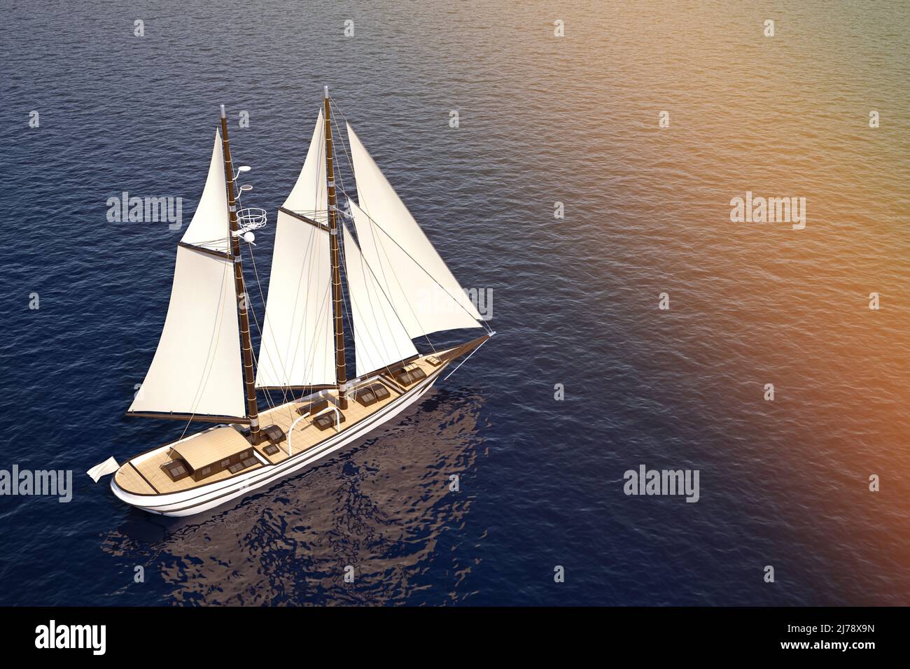 sailing ship at sea above view with copy space. 3d rendering Stock ...