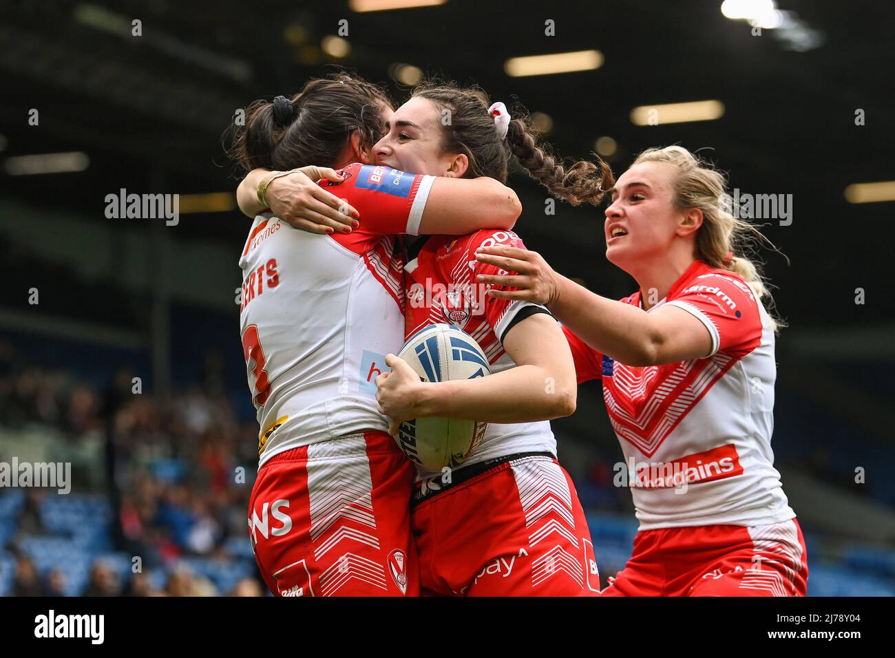 Leah Burke of St. Helens goes celebrates her try in , on 5/7/2022 ...