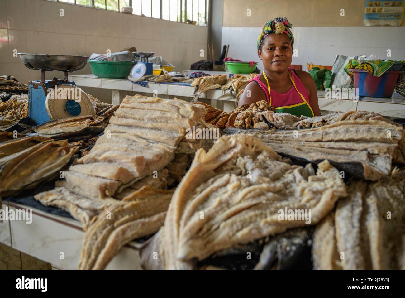 Woman selling fish at a market stall in Bobo Forro Stock Photo - Alamy