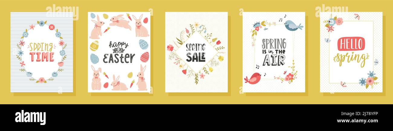 A set of Easter greeting cards with handwritten phrases, Easter bunnies ...