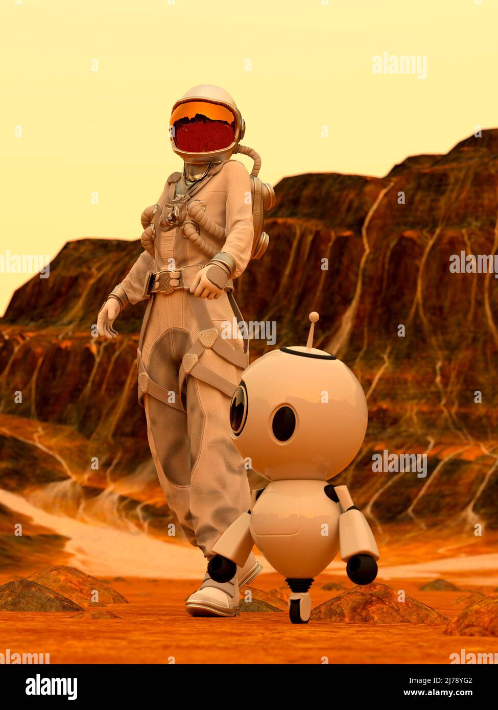 Astronaut and small robot at the spacewalk on a desert planet. 3d ...