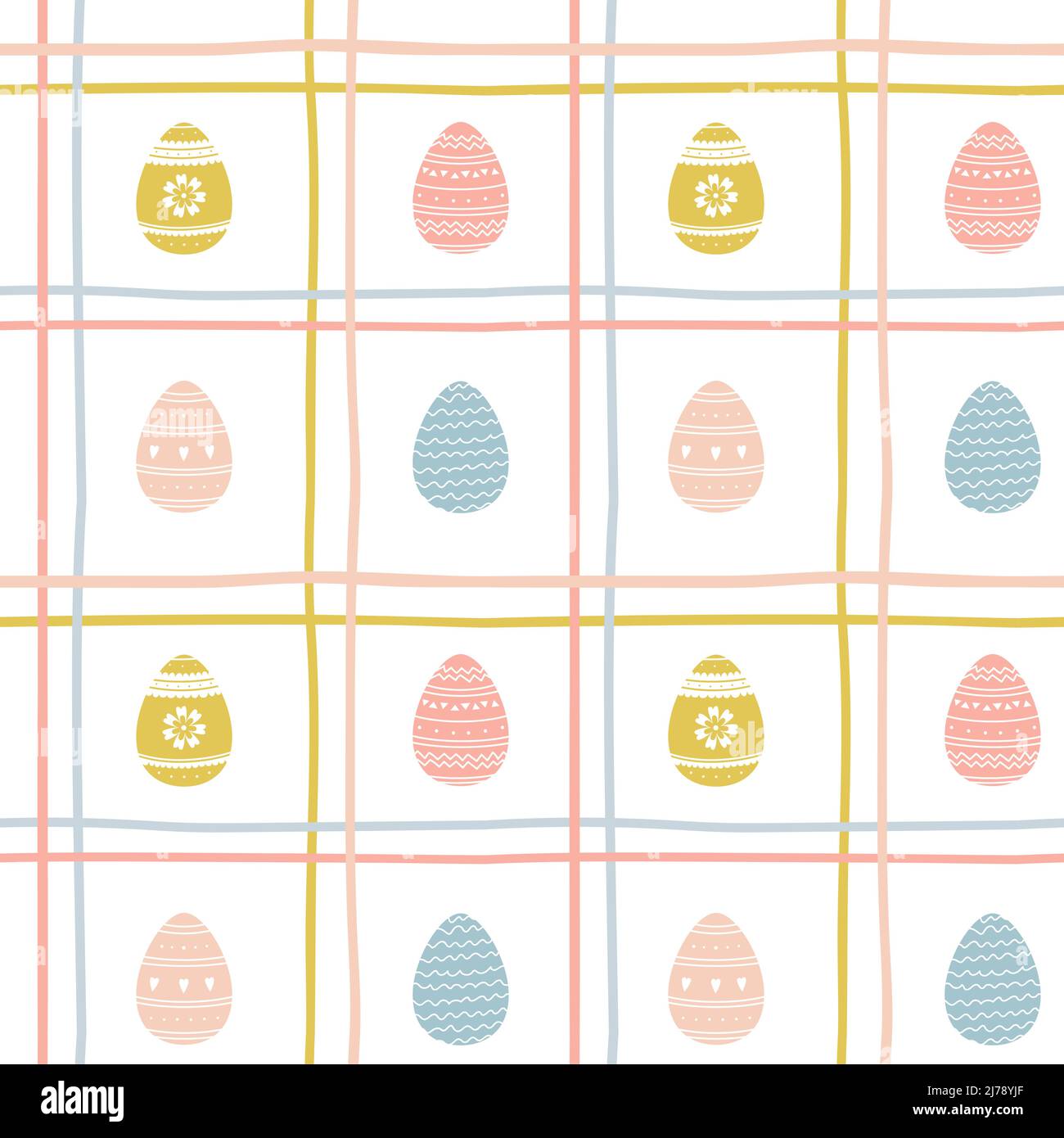 Seamless checkered pattern with hand-drawn pink and blue intersecting lines and decorated Easter ...