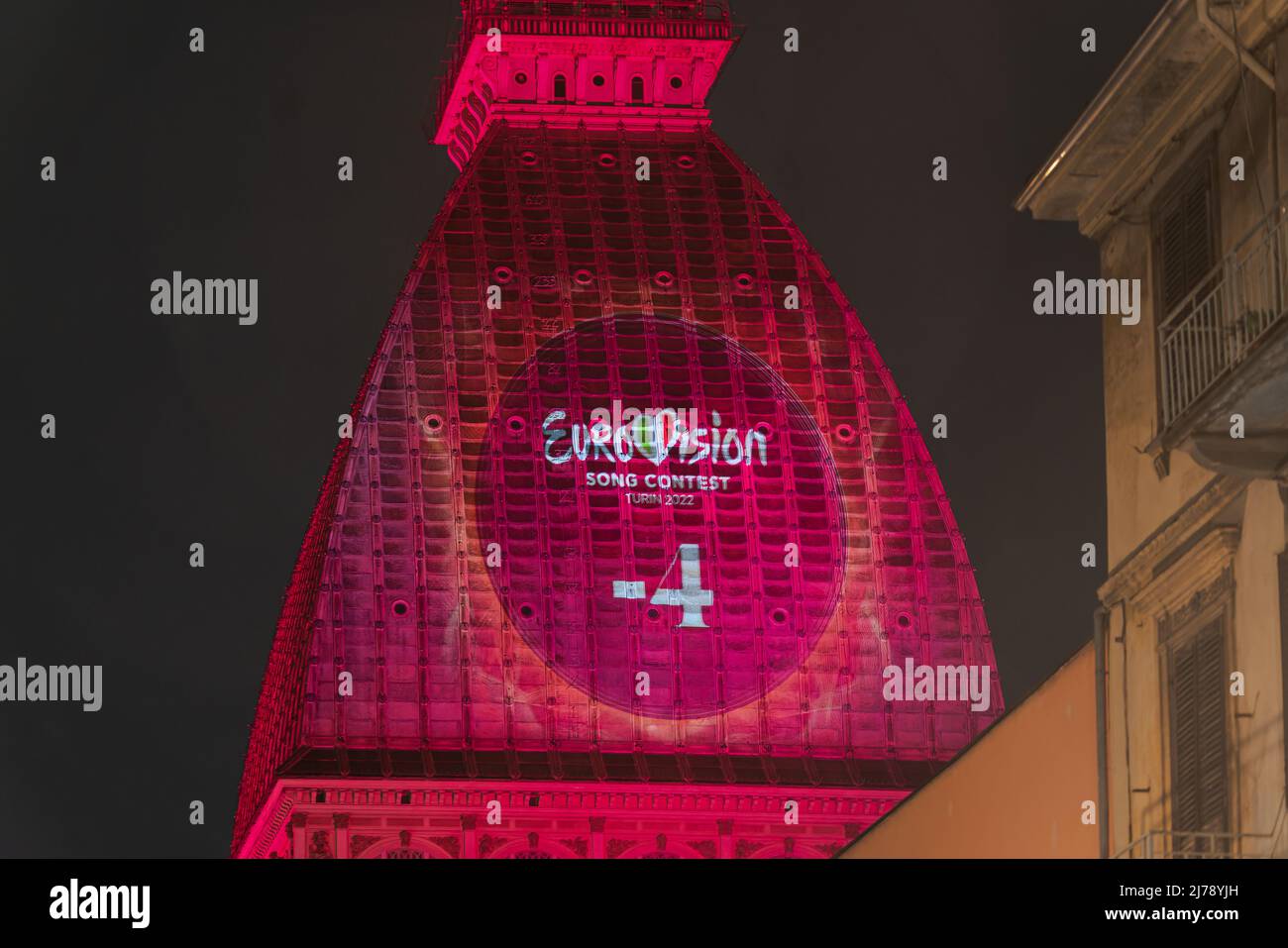 Eurovision Song Contest logo projected on the Mole Antonelliana. The ...