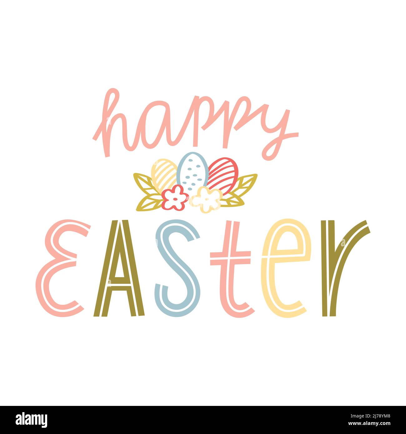Happy Easter. Hand lettering with doodle eggs and flowers. Cards ...