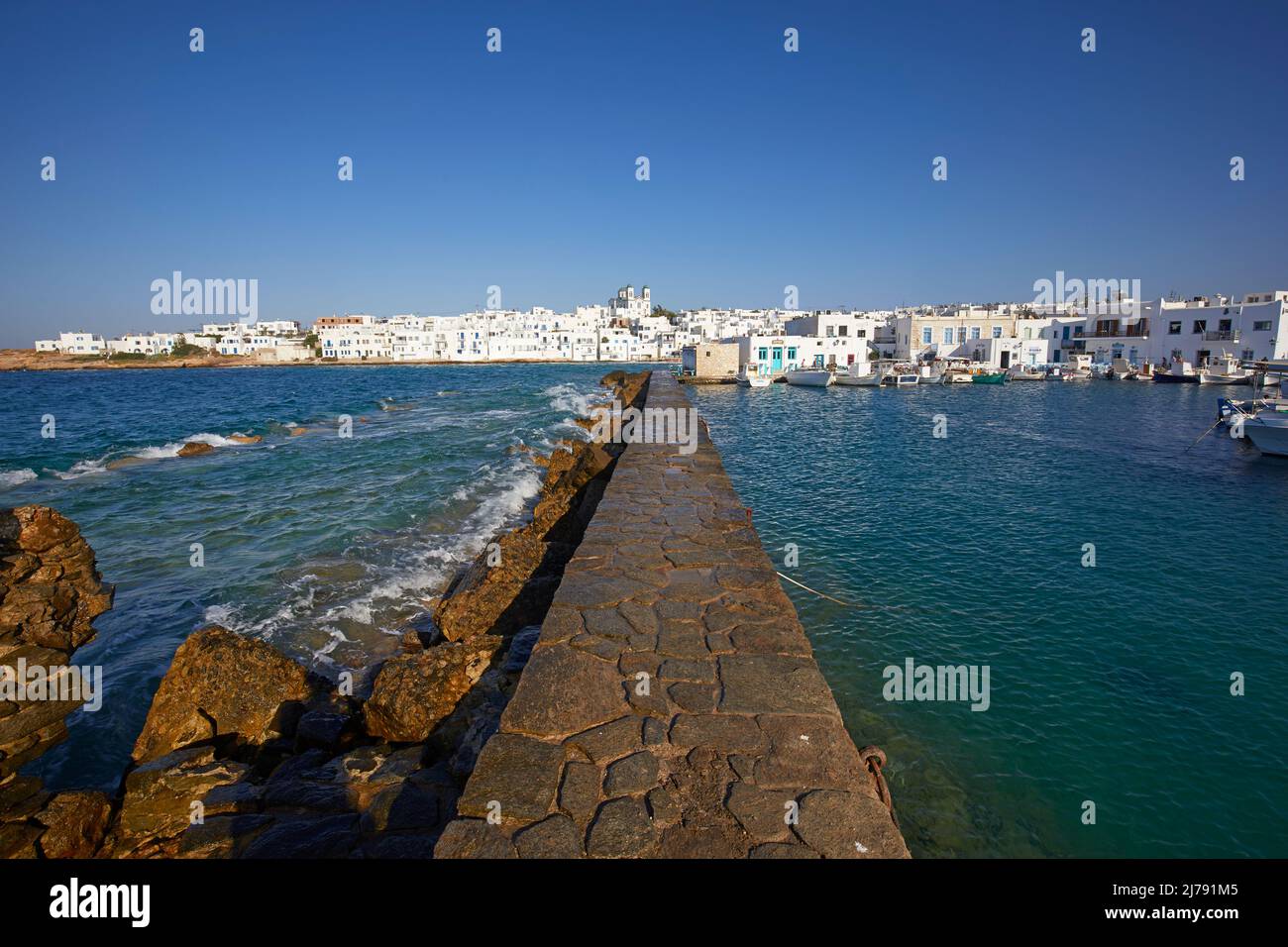 The wharf of the Naousa village in Paros, Cyclades, Greece Stock Photo ...