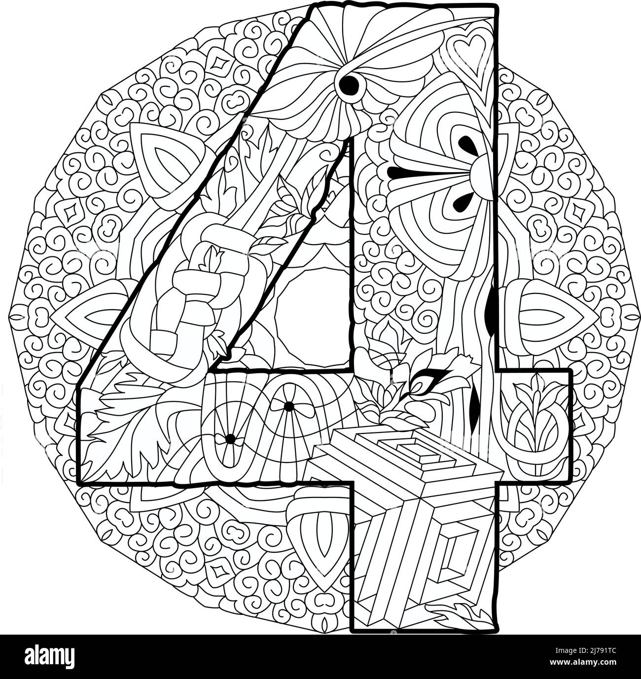 Four number on mandala Isolated zentangle illustration for coloring ...