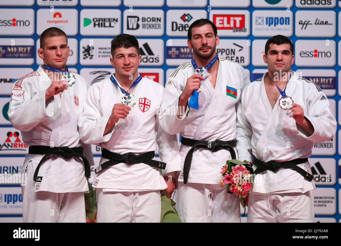 Sofia, Bulgaria, 1st May 2022. Luka Maisuradze of Georgia, Darko Brasnjovic of Serbia, Mammadali ...