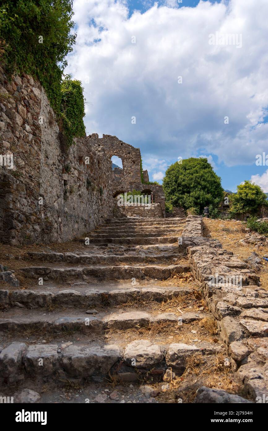 Stone ruins buildings at abandoned mystras town, Peloponnese, Greece ...