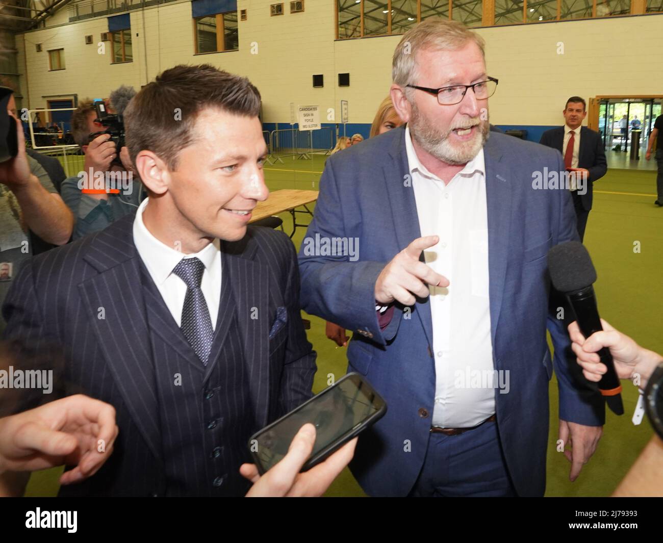 Ulster Unionist Leader Doug Beattie (right) arrives with Ryan McCready ...