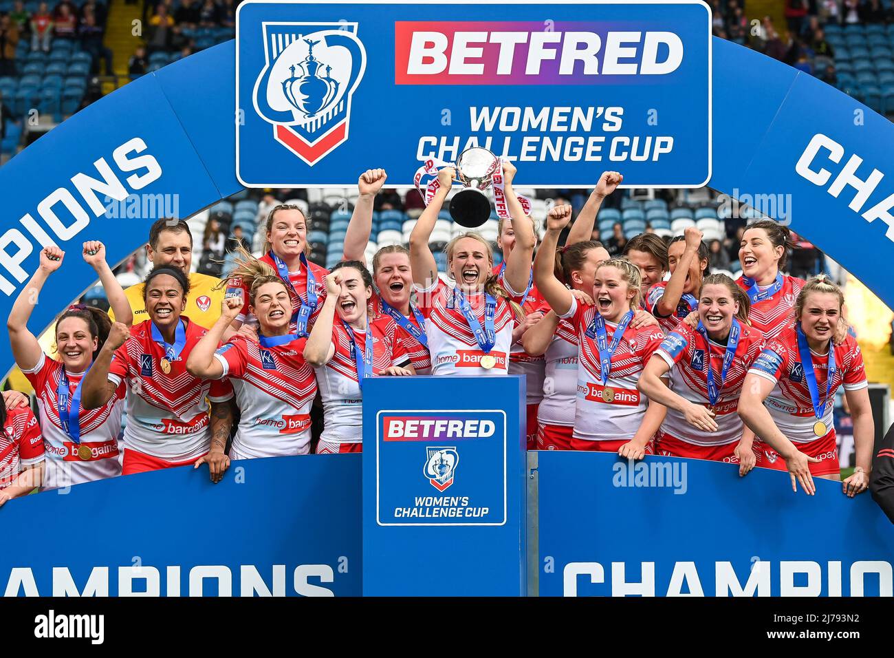 Jodie Cunningham of St. Helens lifts the trophy in celebration of ...