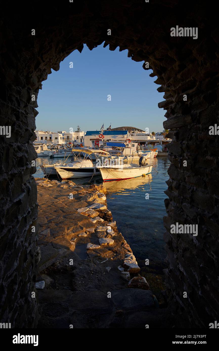 The wharf of the Naousa village in Paros, Cyclades, Greece Stock Photo ...