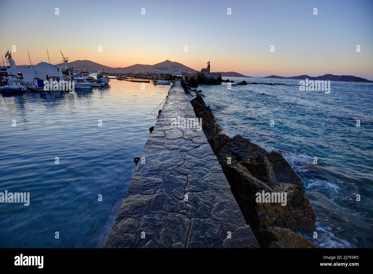 The wharf of the Naousa village in Paros, Cyclades, Greece Stock Photo ...