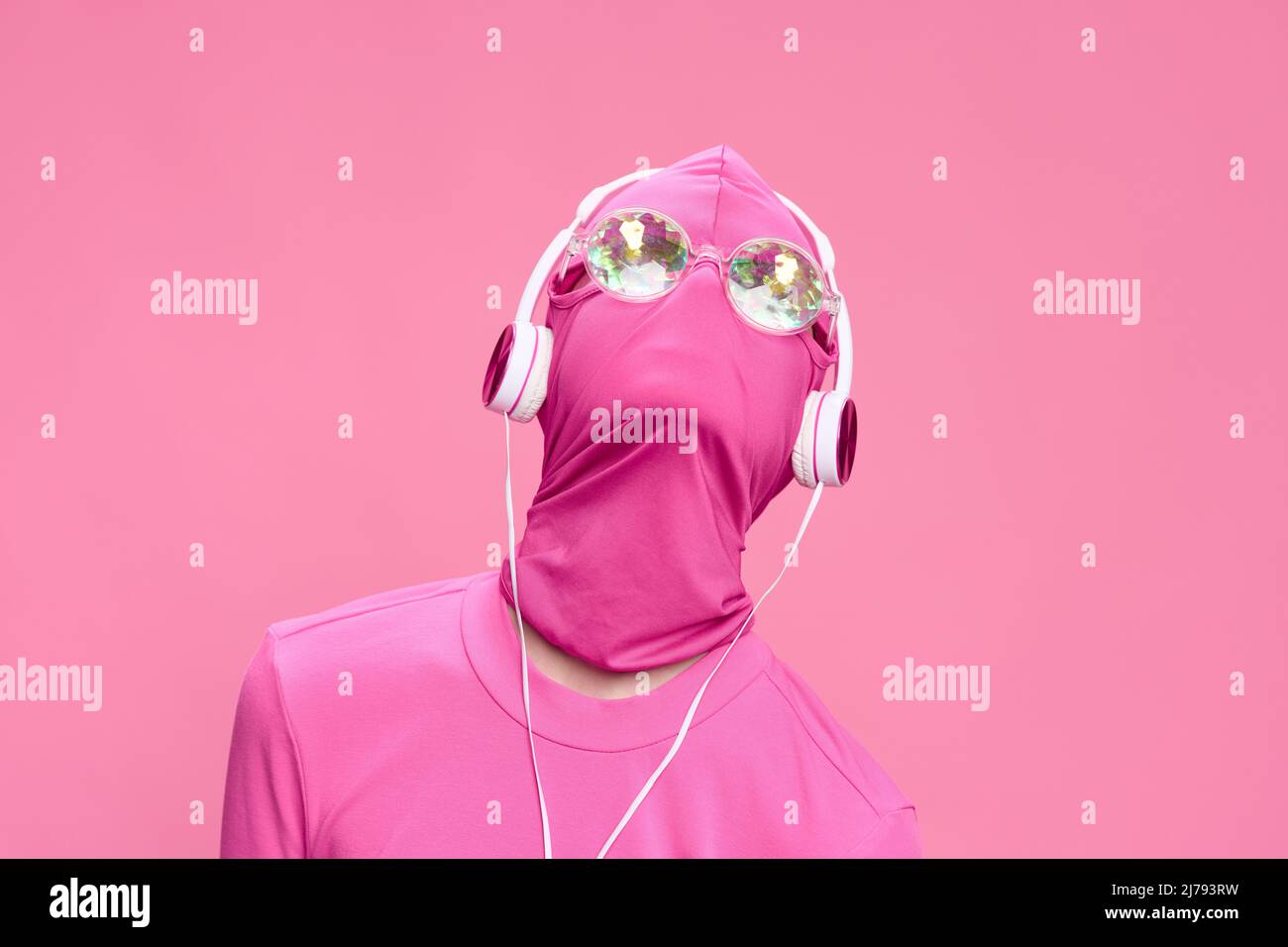 Creative crazy pink photo on a pink background with pink clothes and ...