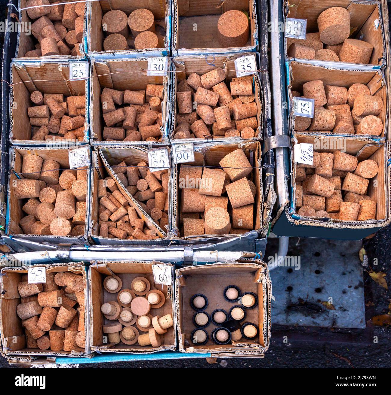 Assortment sizes of cork stoppers in boxes sold outside on market Stock ...