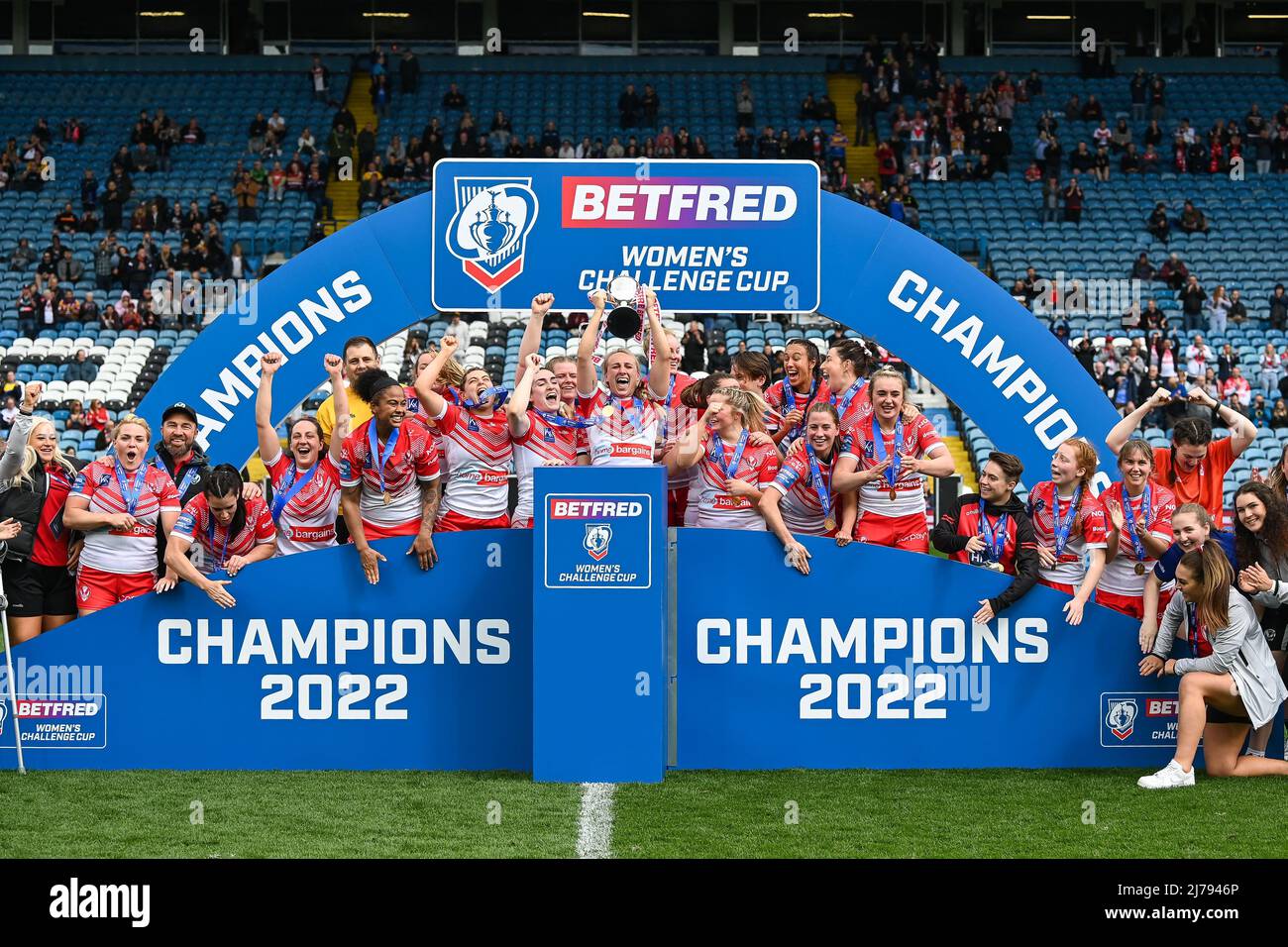 Jodie Cunningham of St. Helens lifts the trophy in celebration of ...