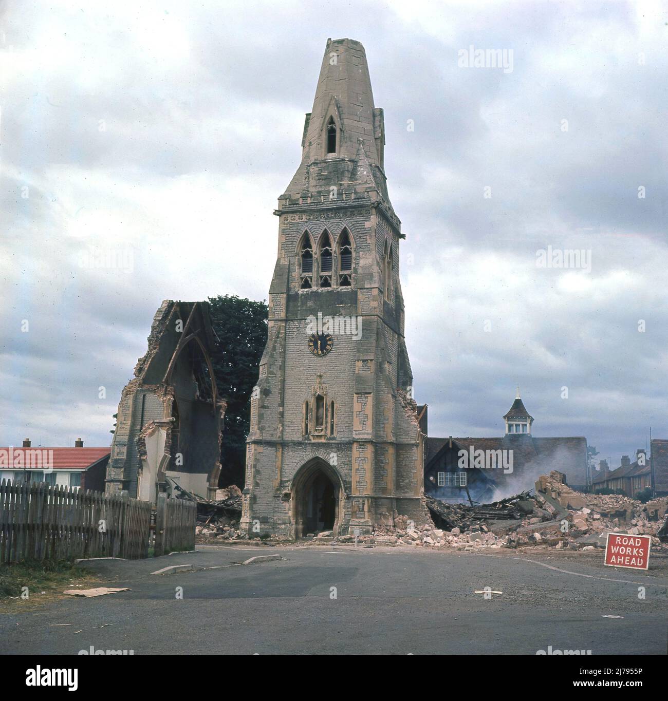 1970, historical, a church being pulled down or demolished, England, UK ...