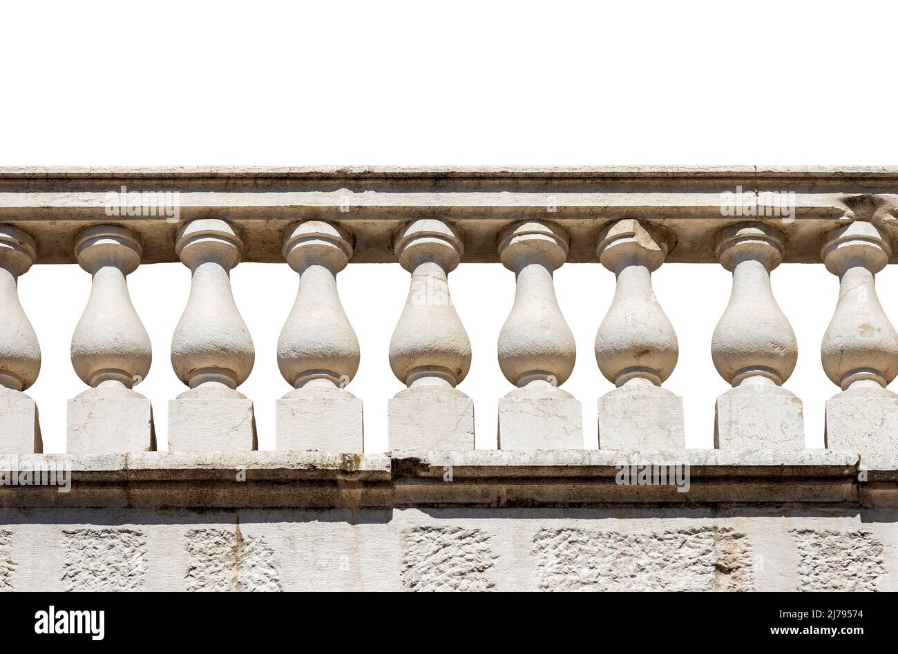 Close-up of a white balustrade made in marble and stone isolated on ...