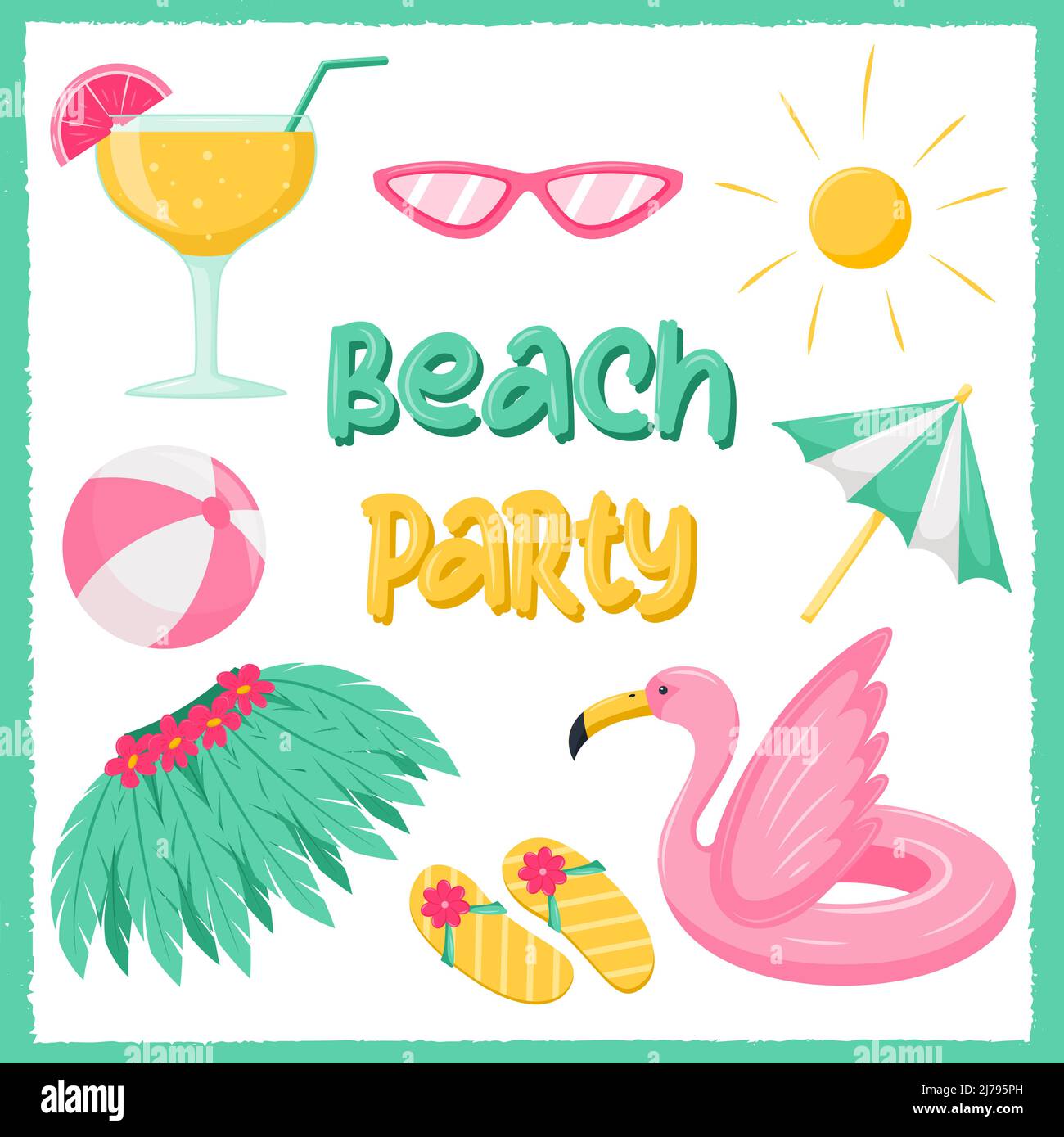 Beach party. Square postcard with beach things, inflatable flamingo ...