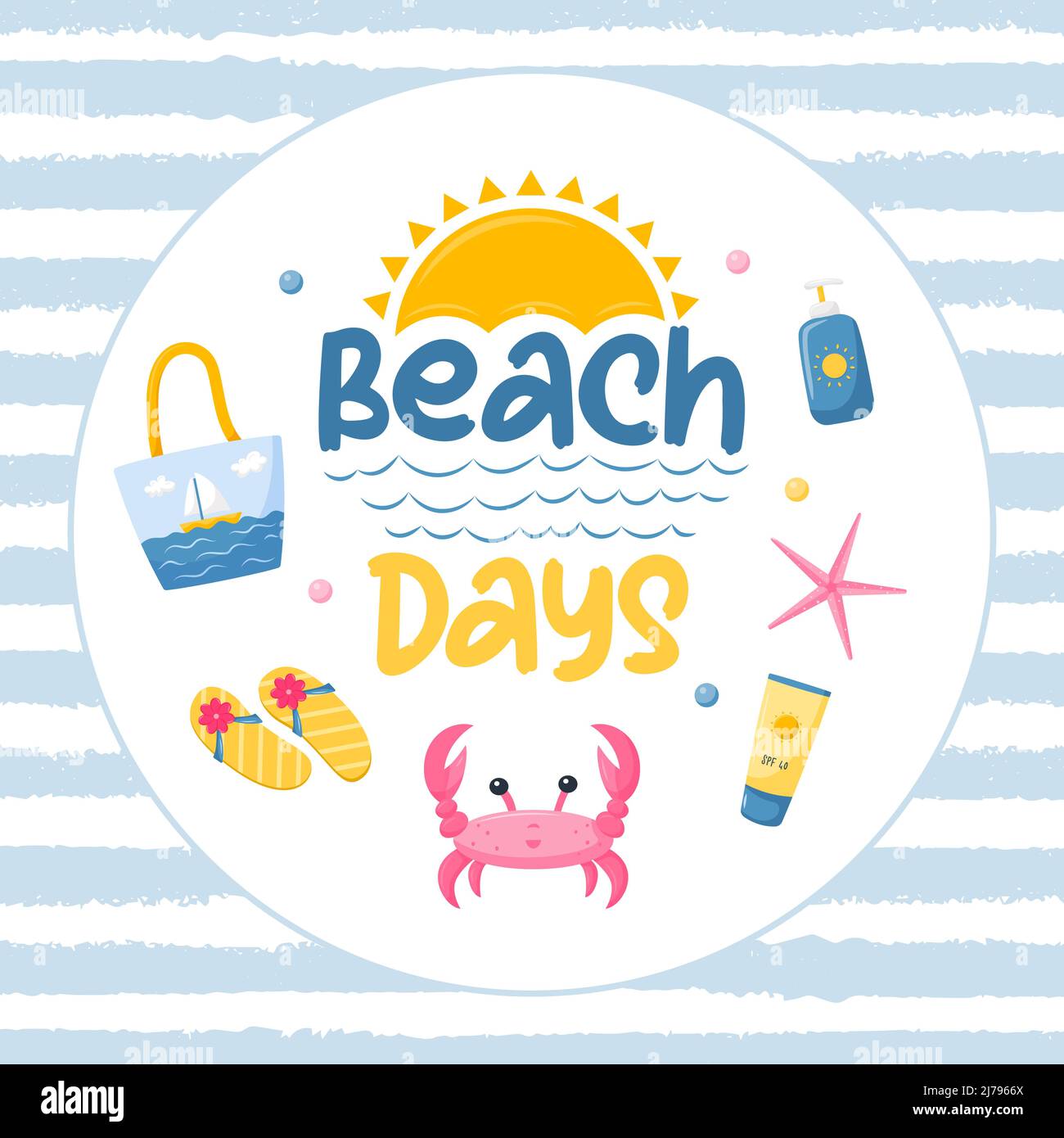 A summer card with beach elements and sea animals on the shape of a ...