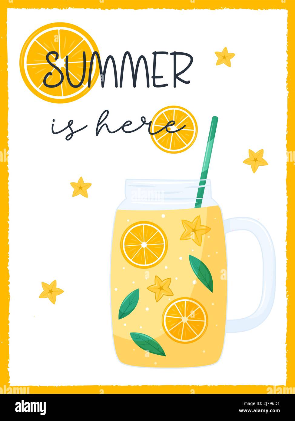 Summer rectangular card with orange lemonade in a jar. Citrus fruits ...