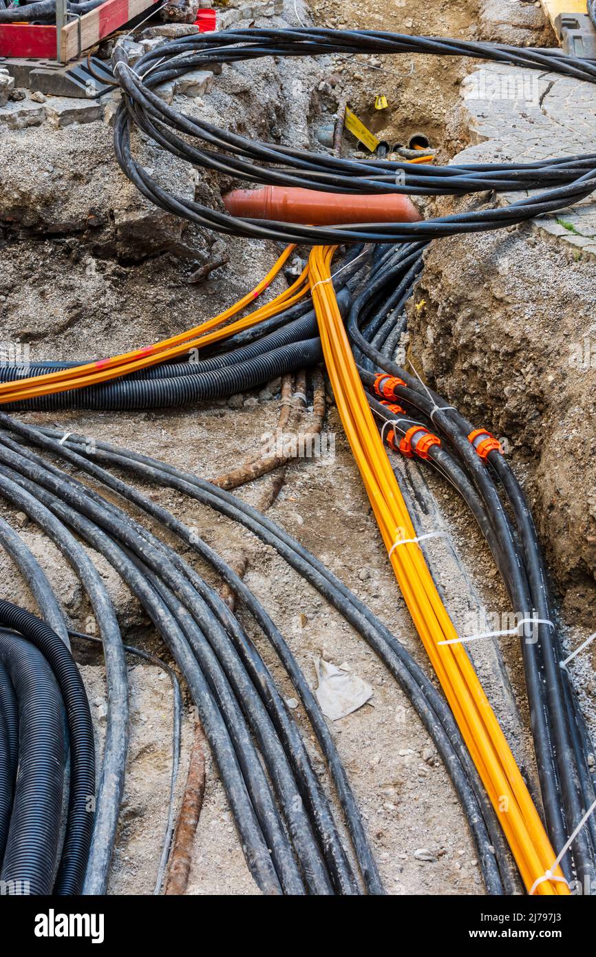 Electricity and telecom cables in cable trenches when laying cables hi ...