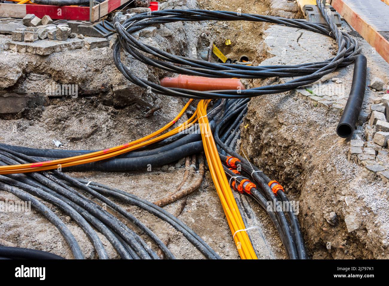 Electricity and telecom cables in cable trenches when laying cables hi ...