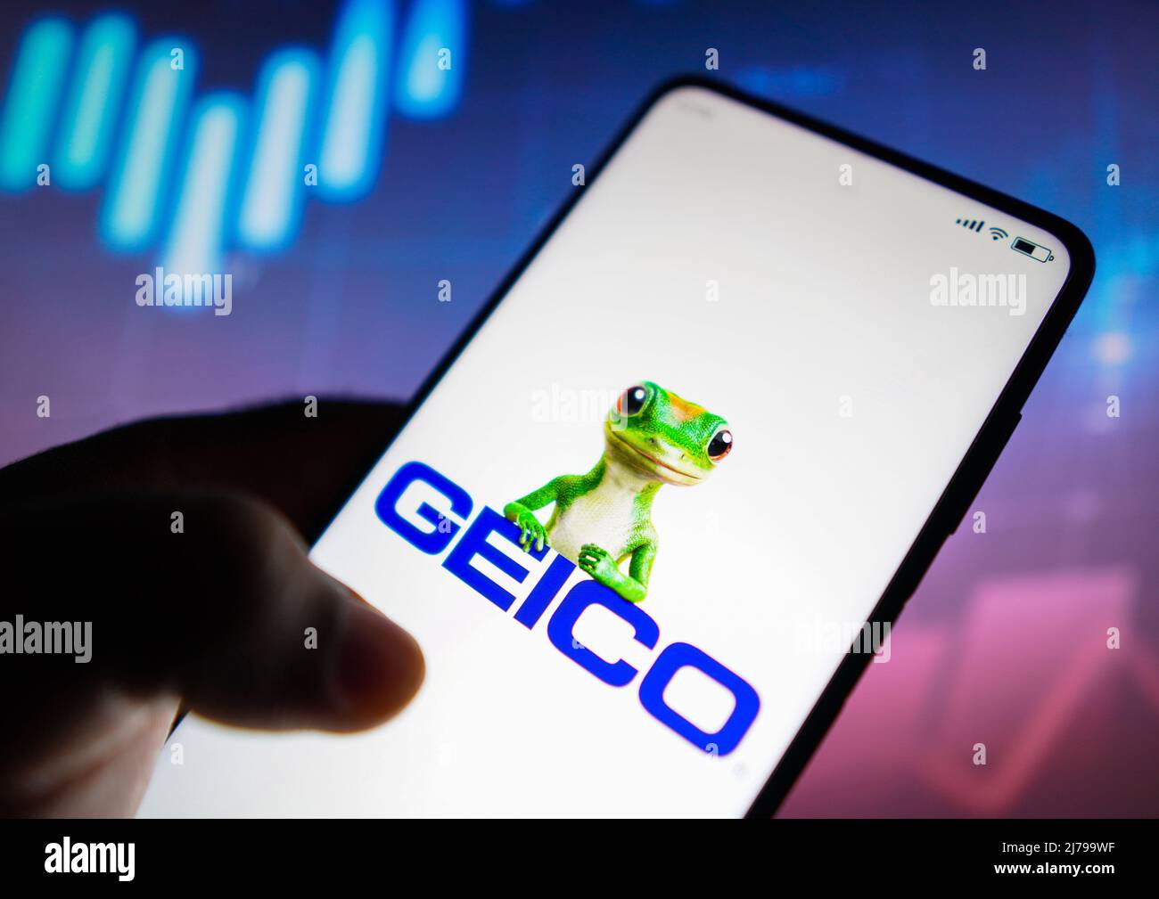 In this photo illustration, the Government Employees Insurance Company (GEICO) logo seen ...