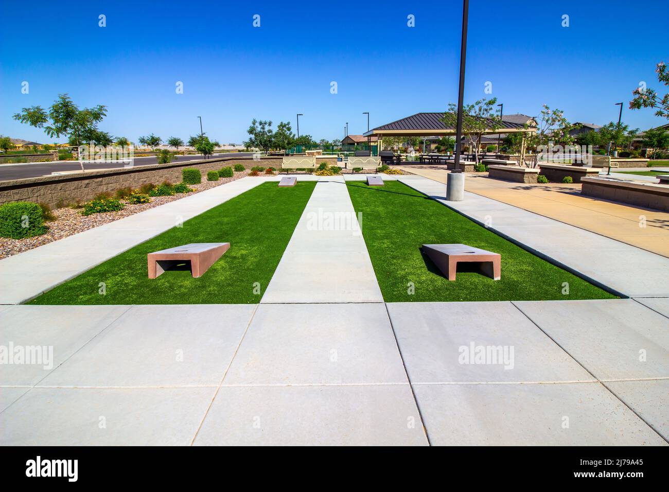 Two Corn Hole Courts With Artificial Grass Stock Photo - Alamy