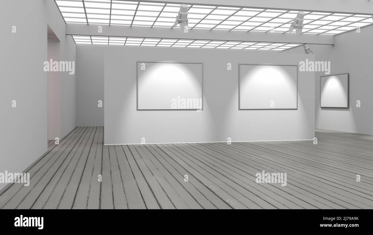 Exhibition, visit to a museum. Modern Art. Paintings on the walls. Copy ...