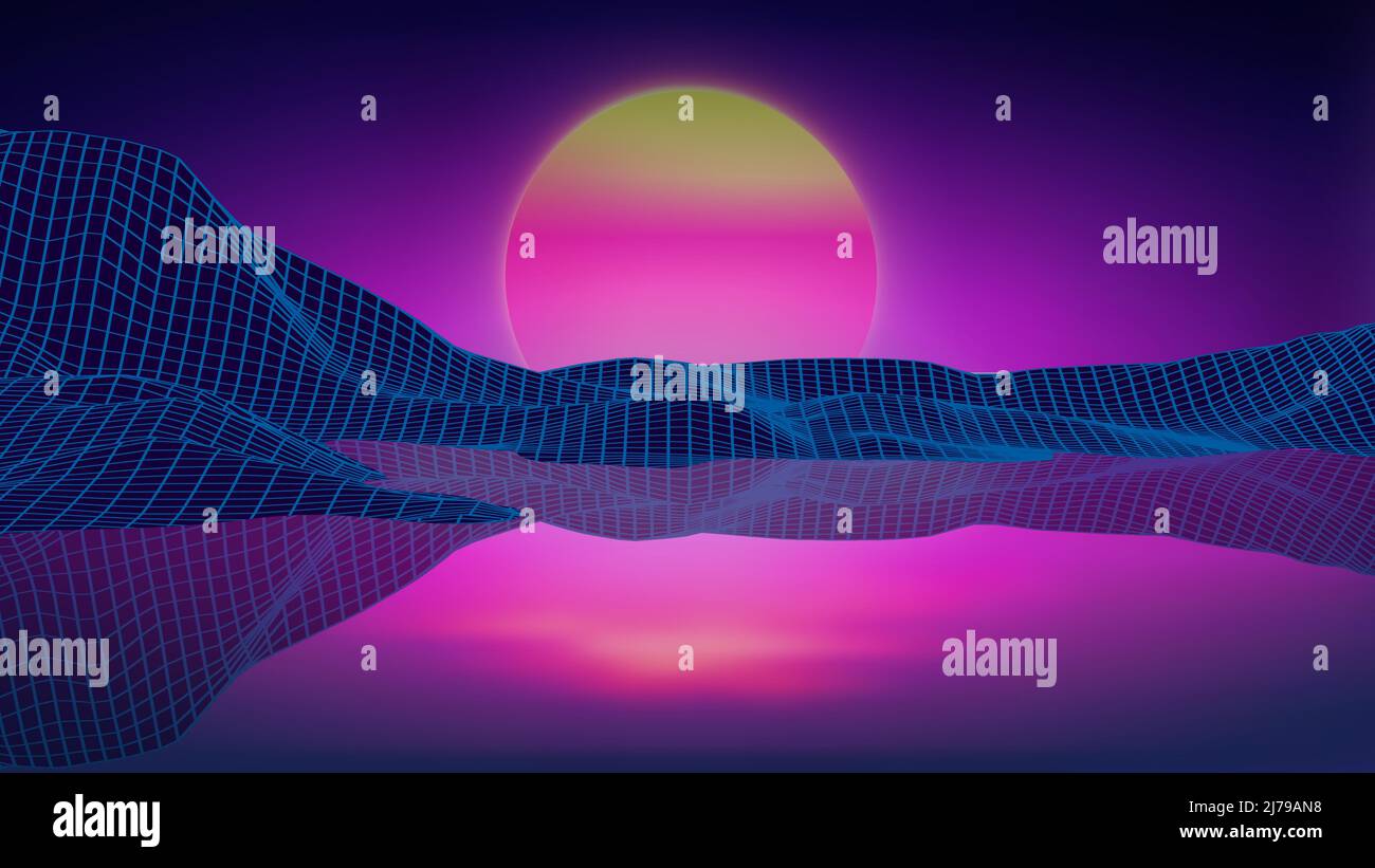 Retro background futuristic landscape 1980s style at sea. Digital retro ...