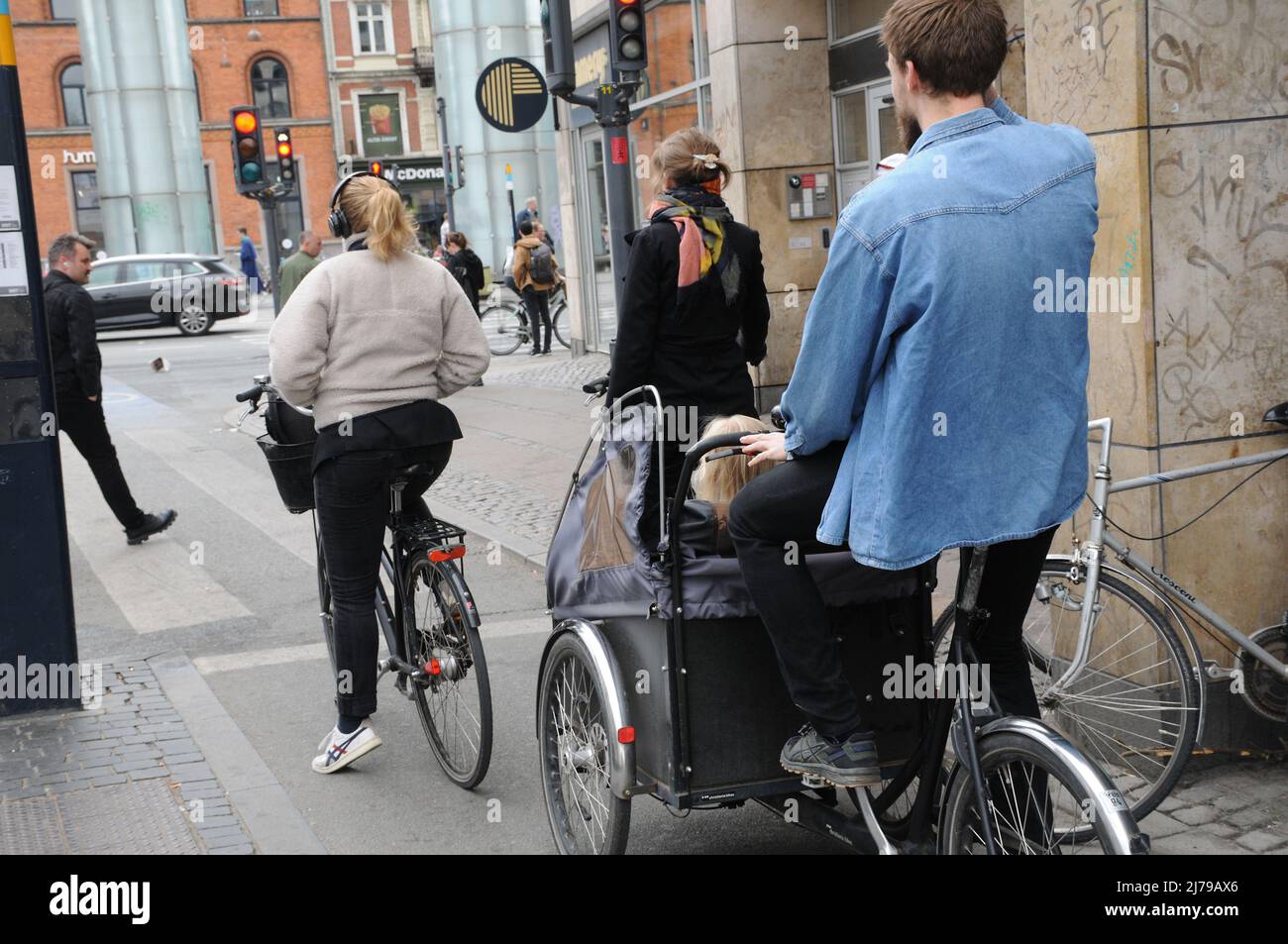 Copenhagen/Denmark/07 May 2022/.Three wheel bicycles family transport ...