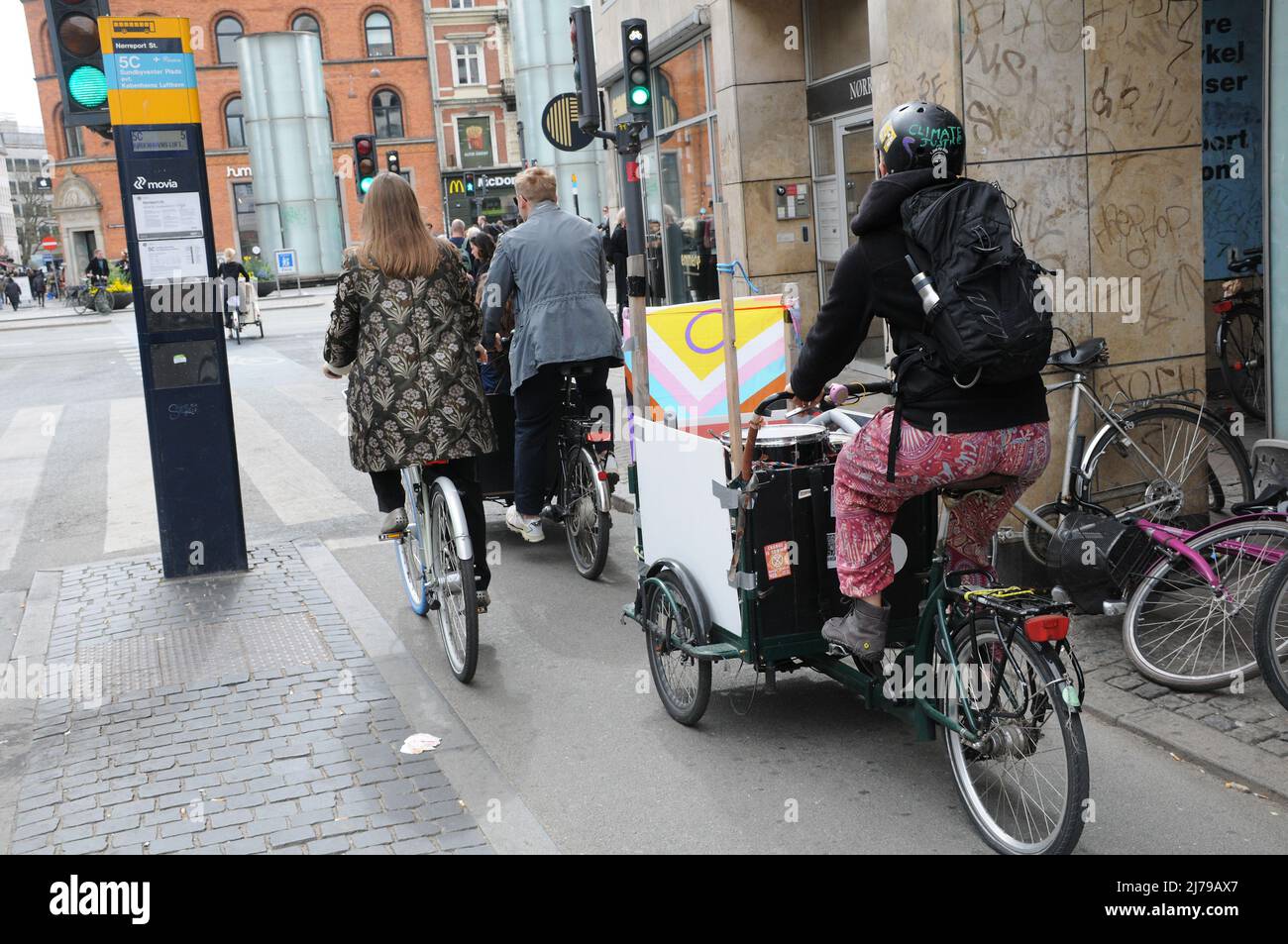 Copenhagen/Denmark/07 May 2022/.Three wheel bicycles family transport ...