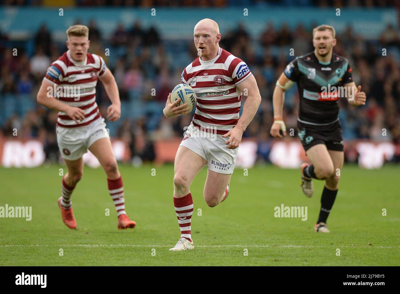 Leeds, England - 7th May 2022 - Liam Farrell of Wigan Warriors runs in ...