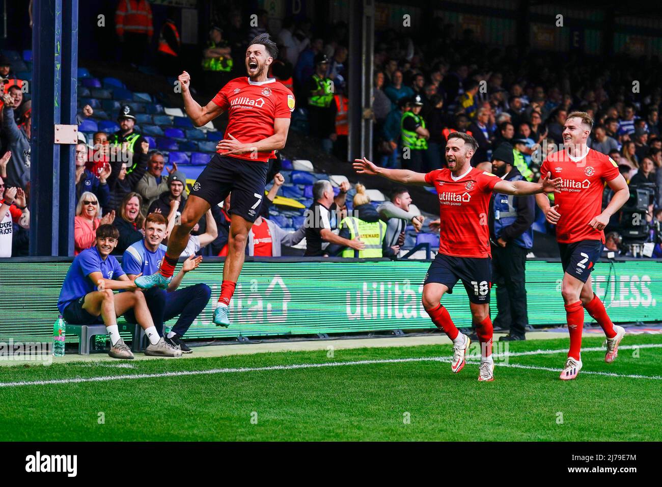 Harry Cornick (7) of Luton Town celebrates after he scores the opening ...