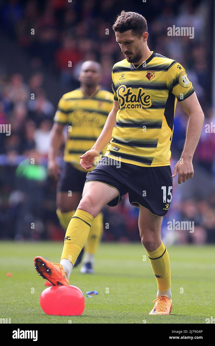 London, UK. 07th May, 2022. Craig Cathcart of Watford stamps on a ...