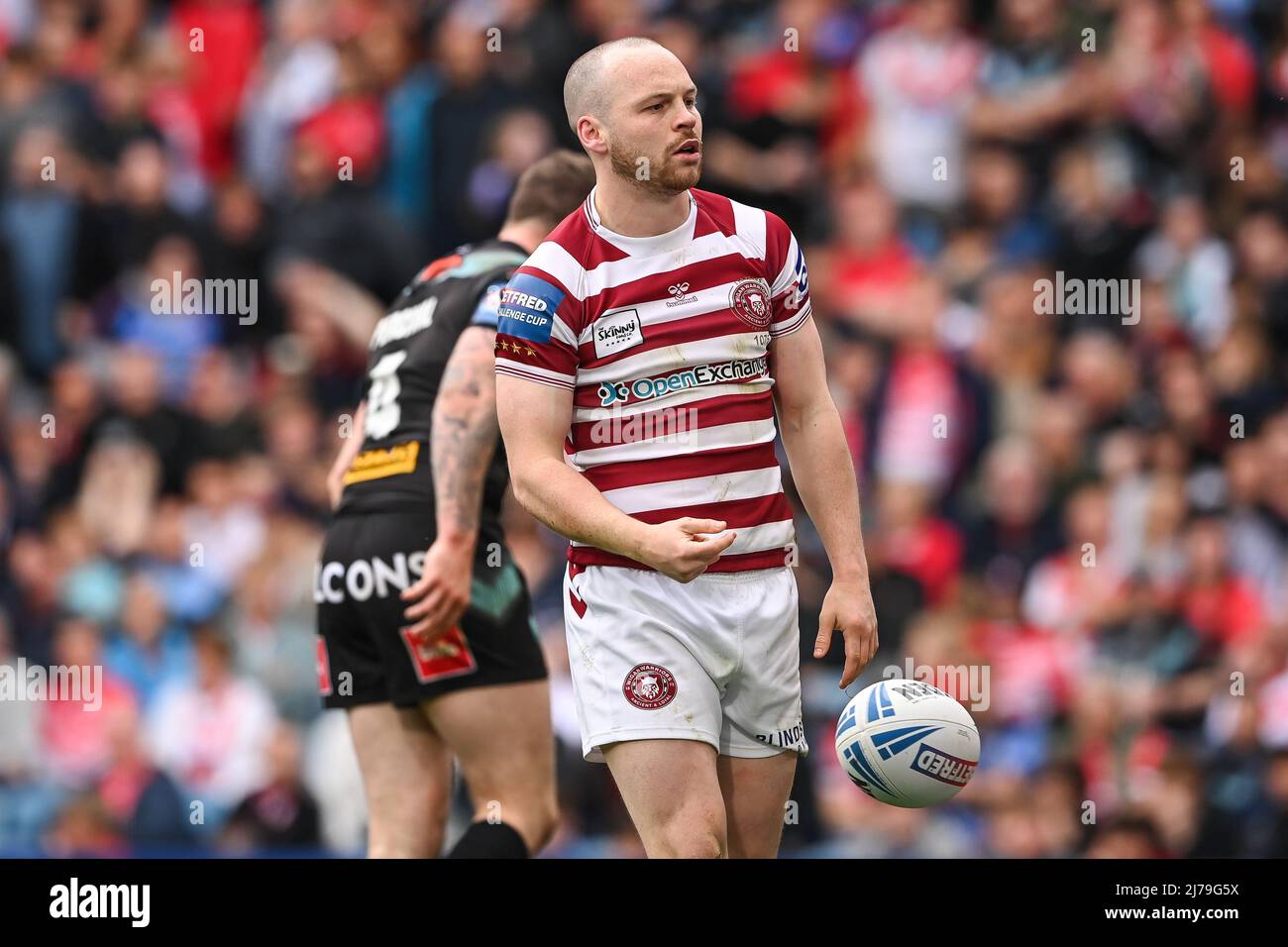 Liam Marshall (5) of Wigan Warriors celebrates his try in , on 5/7/2022 ...