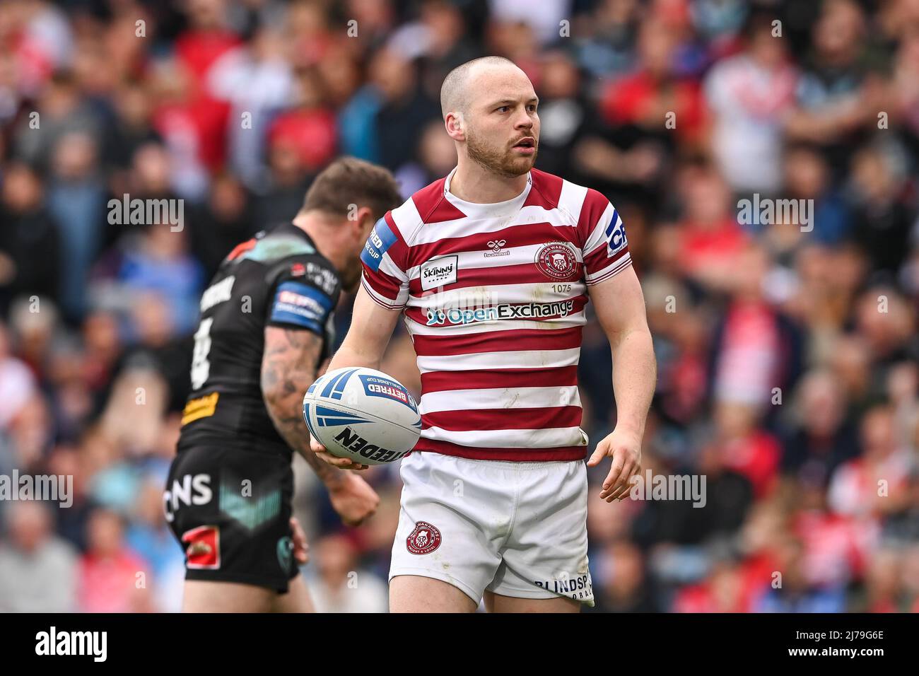 Liam Marshall (5) of Wigan Warriors celebrates his try in , on 5/7/2022 ...