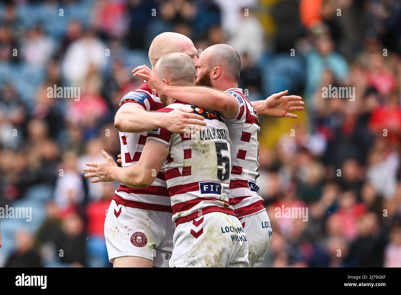 Liam Marshall (5) of Wigan Warriors celebrates his try in , on 5/7/2022 ...