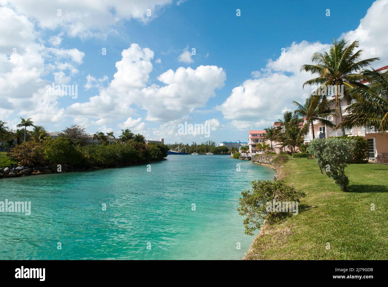 The view of a Grand Bahama island canal connecting Freeport resorts and ...