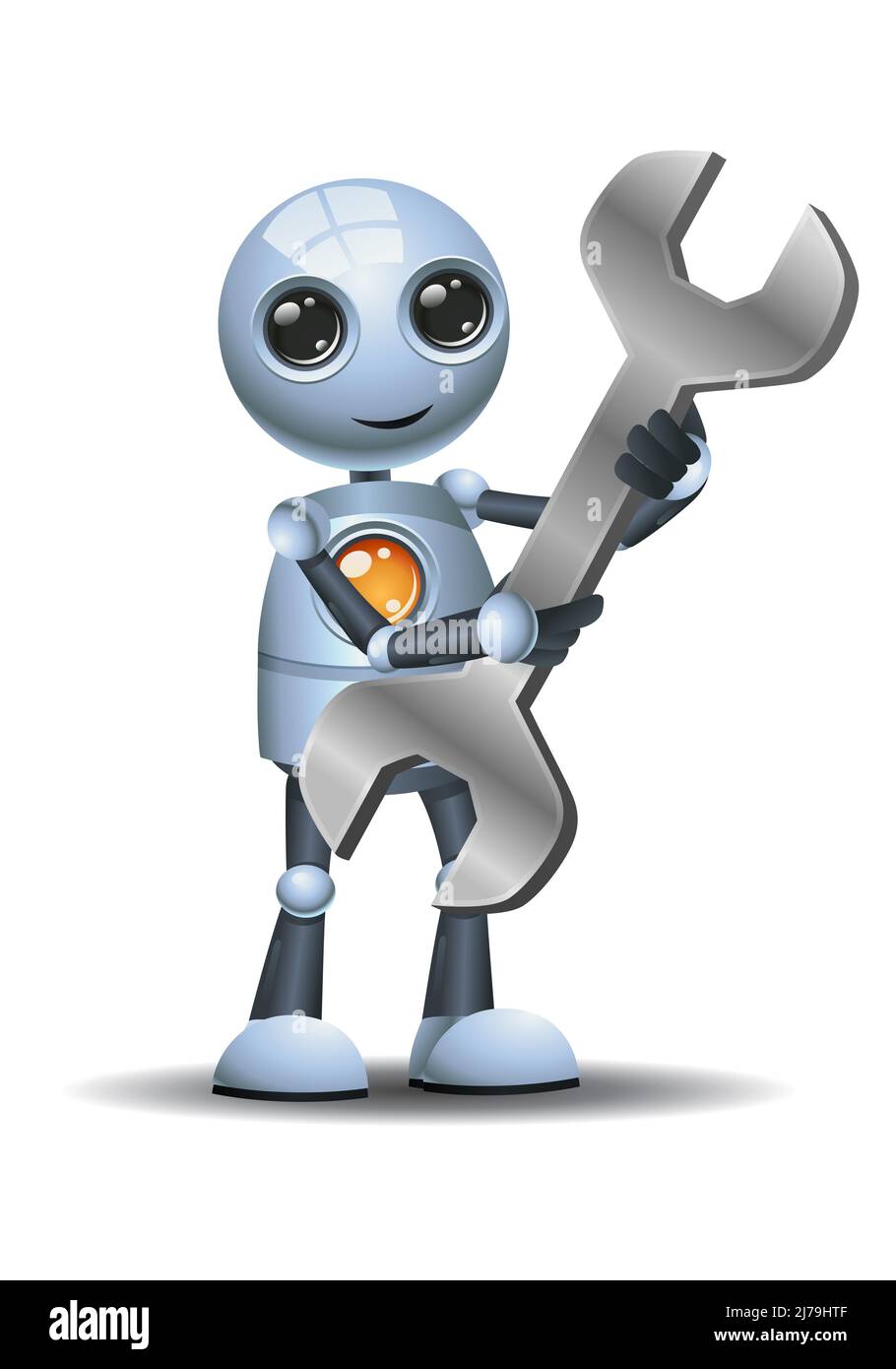 3D illustration of a little robot hold wrench on isolated white ...