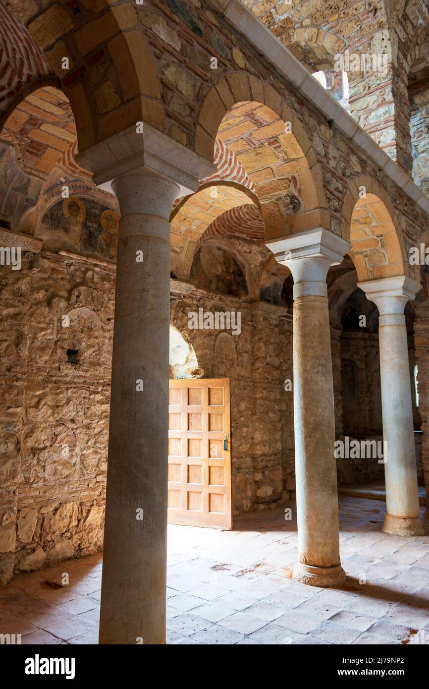 Ruins of a Byzantine monastery at Mystras in the Peloponnese in Greece ...