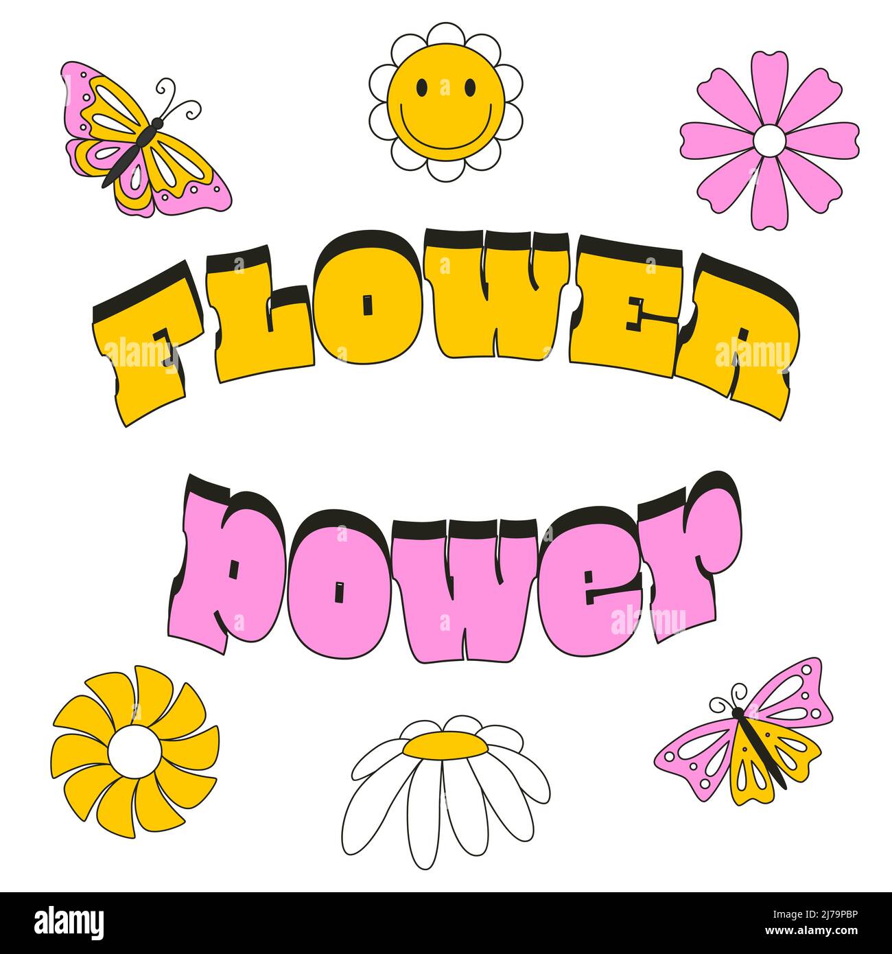 Card with flowers and butterflies in retro doodle style. The ...