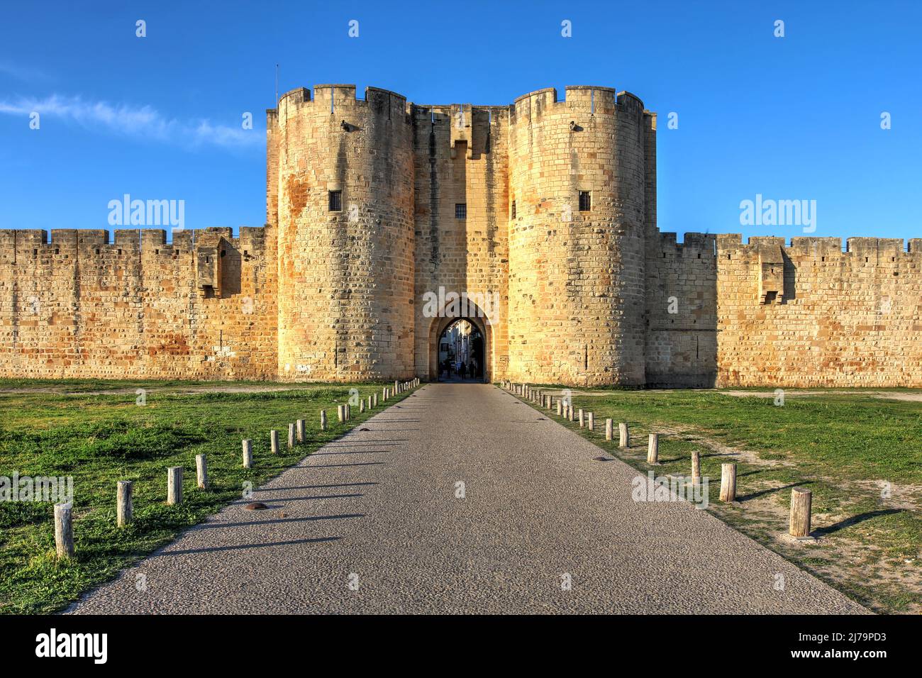 The beautiful preserved Mills Gate of the walled city of Aigues-Mortes ...