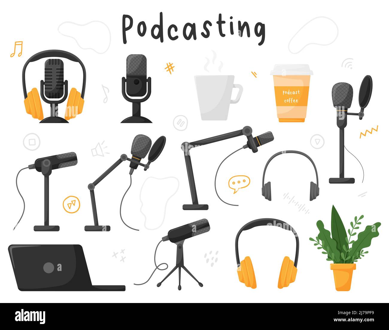 A set of elements for podcasting, blogging. Microphone, headphones ...