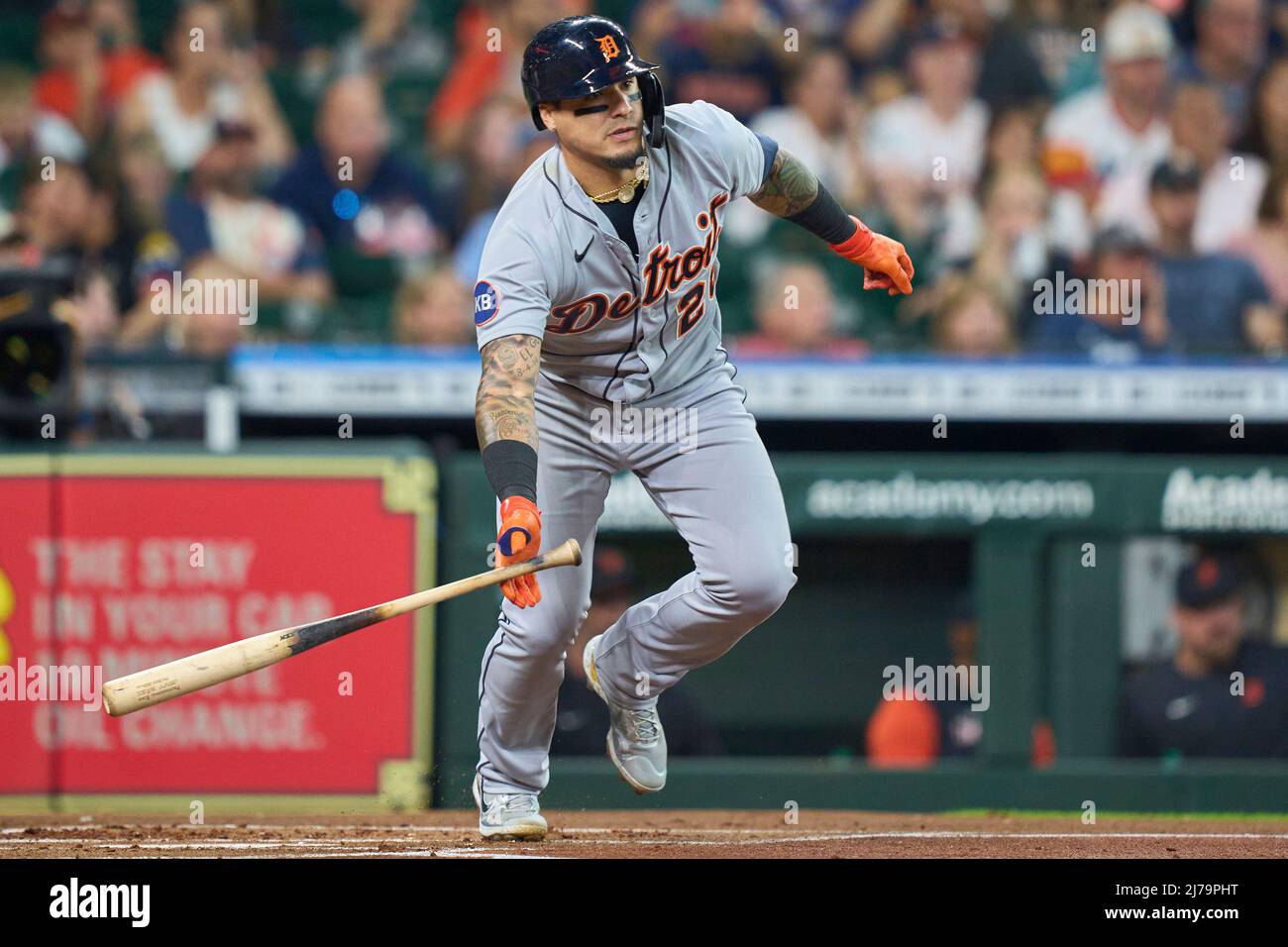 May 6 2022: Detroit shortstop Javier Lopez (28) gets a hit during the ...