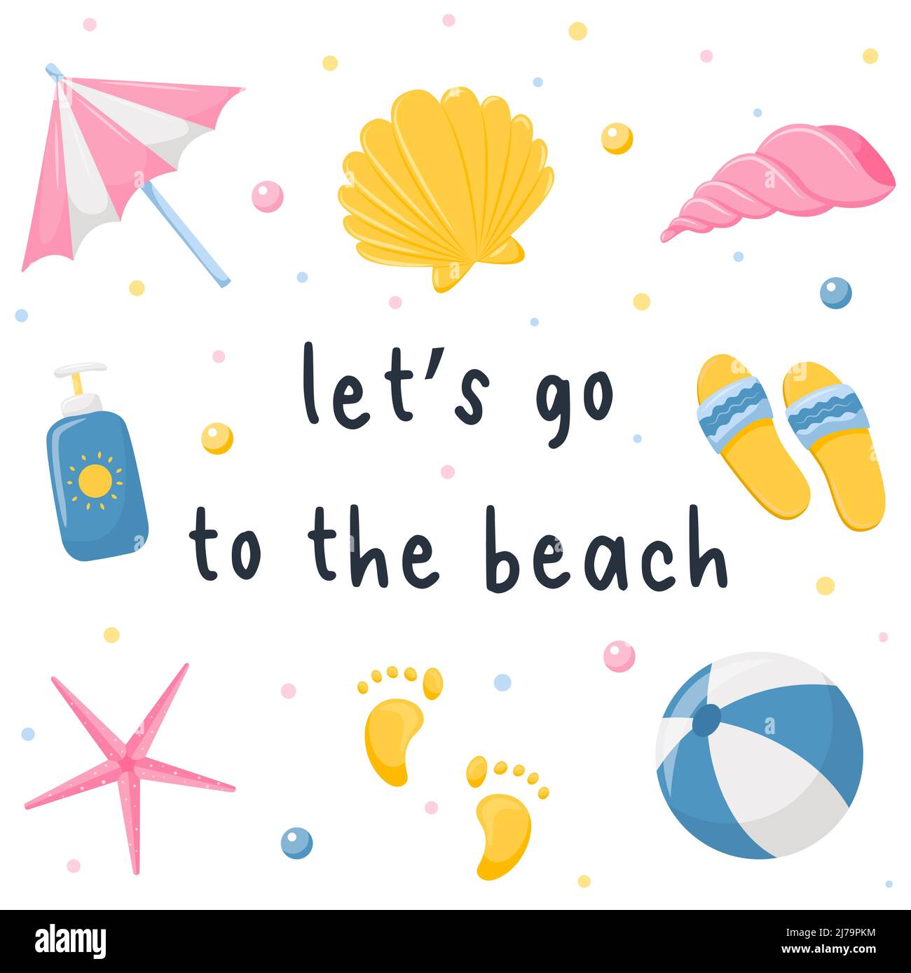 Summer postcard with seashells, umbrella, beach things. A square card ...